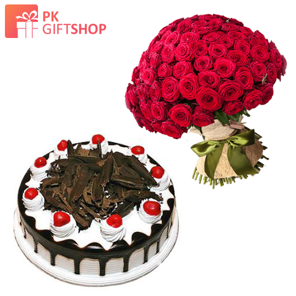 Send BLACK FOREST CAKE OF BRANDED BAKERS WITH RED ROSES BOUQUET to ...